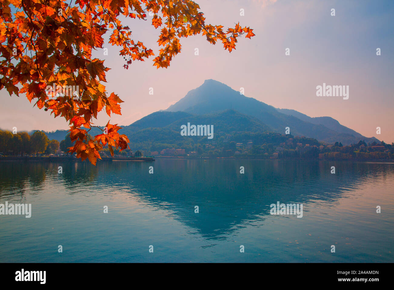 Autumn lake panorama, Como lago in Italy, beautiful red leaves. Fall in ...