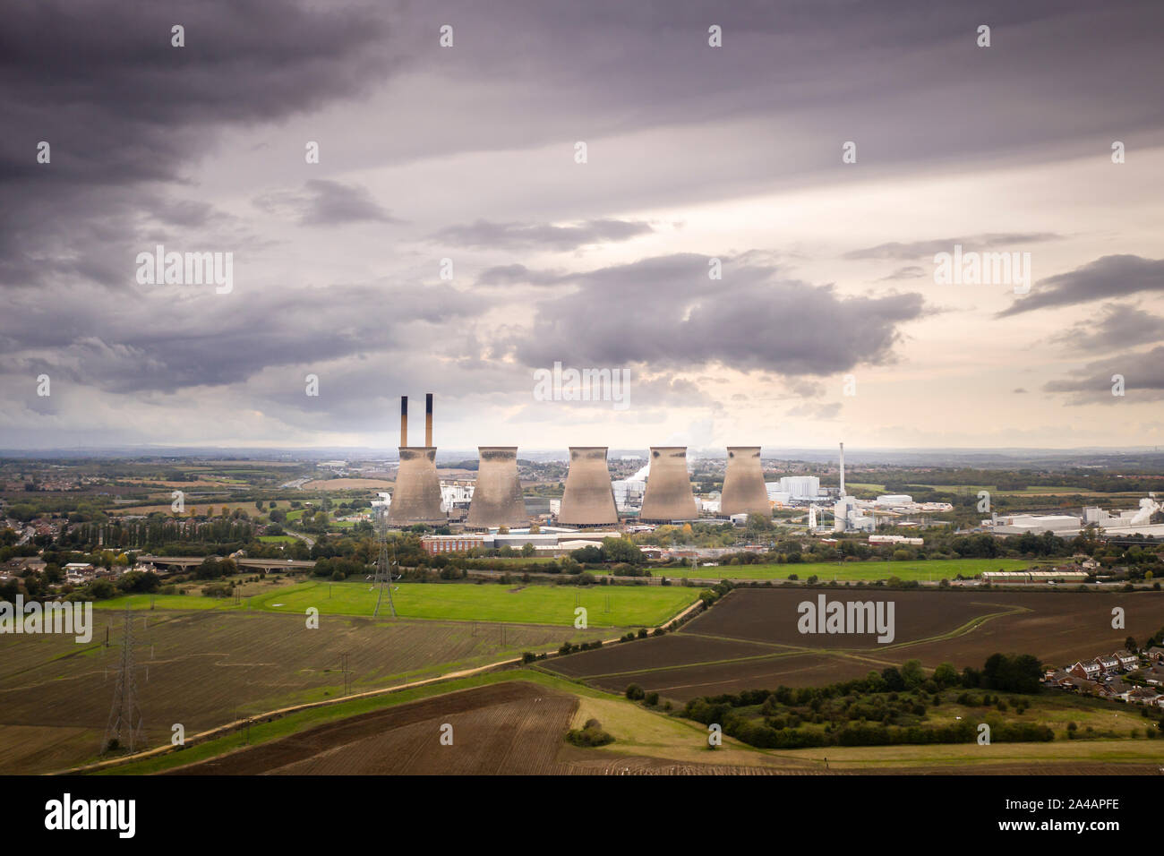 Aerial view of Ferrybridge C power station, with seven cooling towers ...
