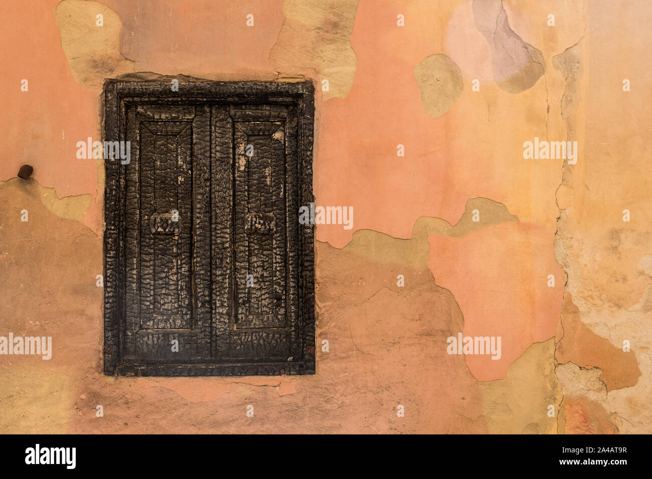 Burned window on wall with old paint, charred wood texture Stock Photo ...
