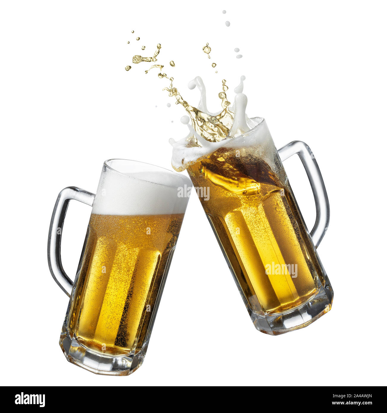 two glass mugs with beer toasting and creating splash Stock Photo - Alamy