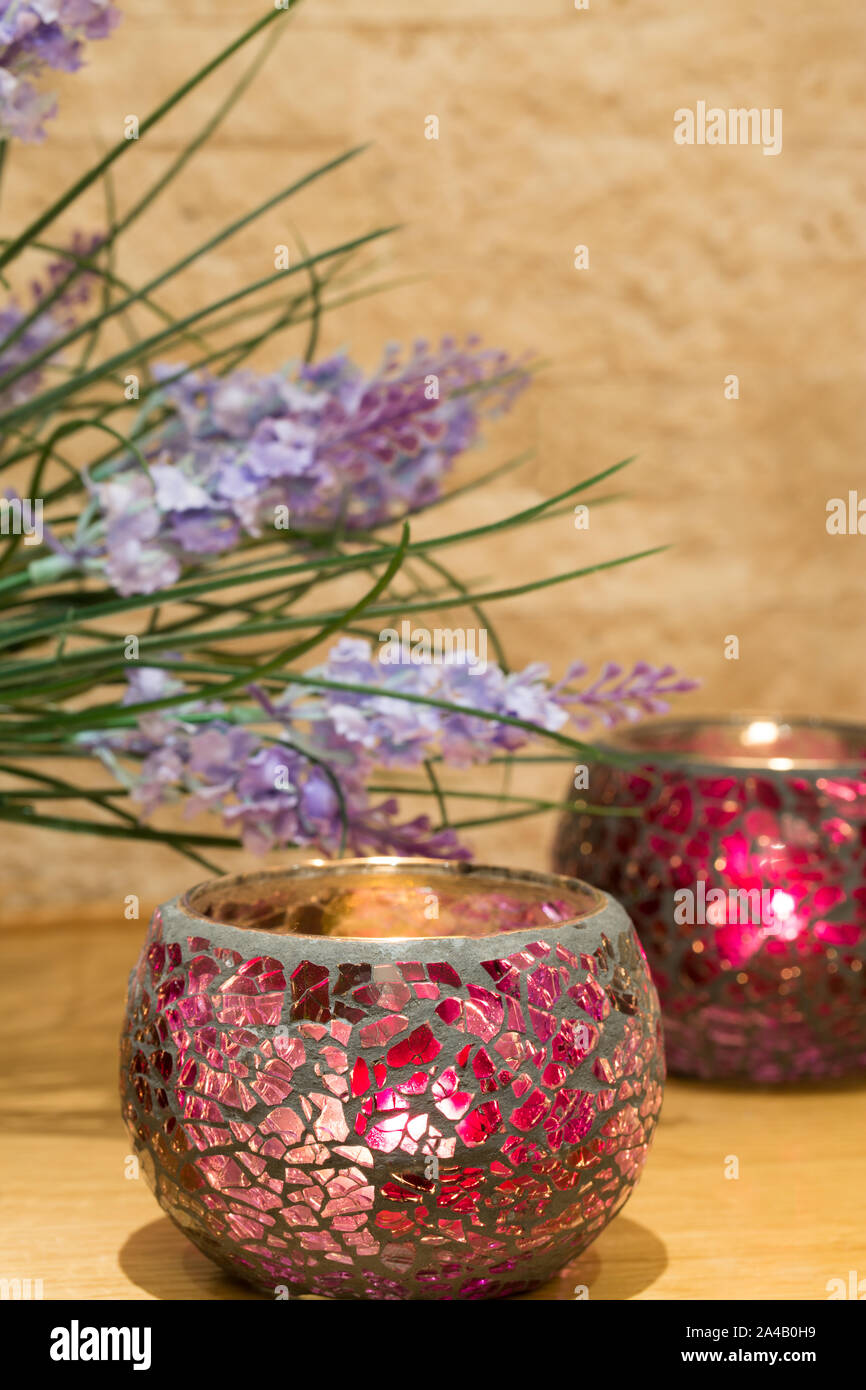 candlestick decoration with violet flowers lilac, mock up Stock Photo ...