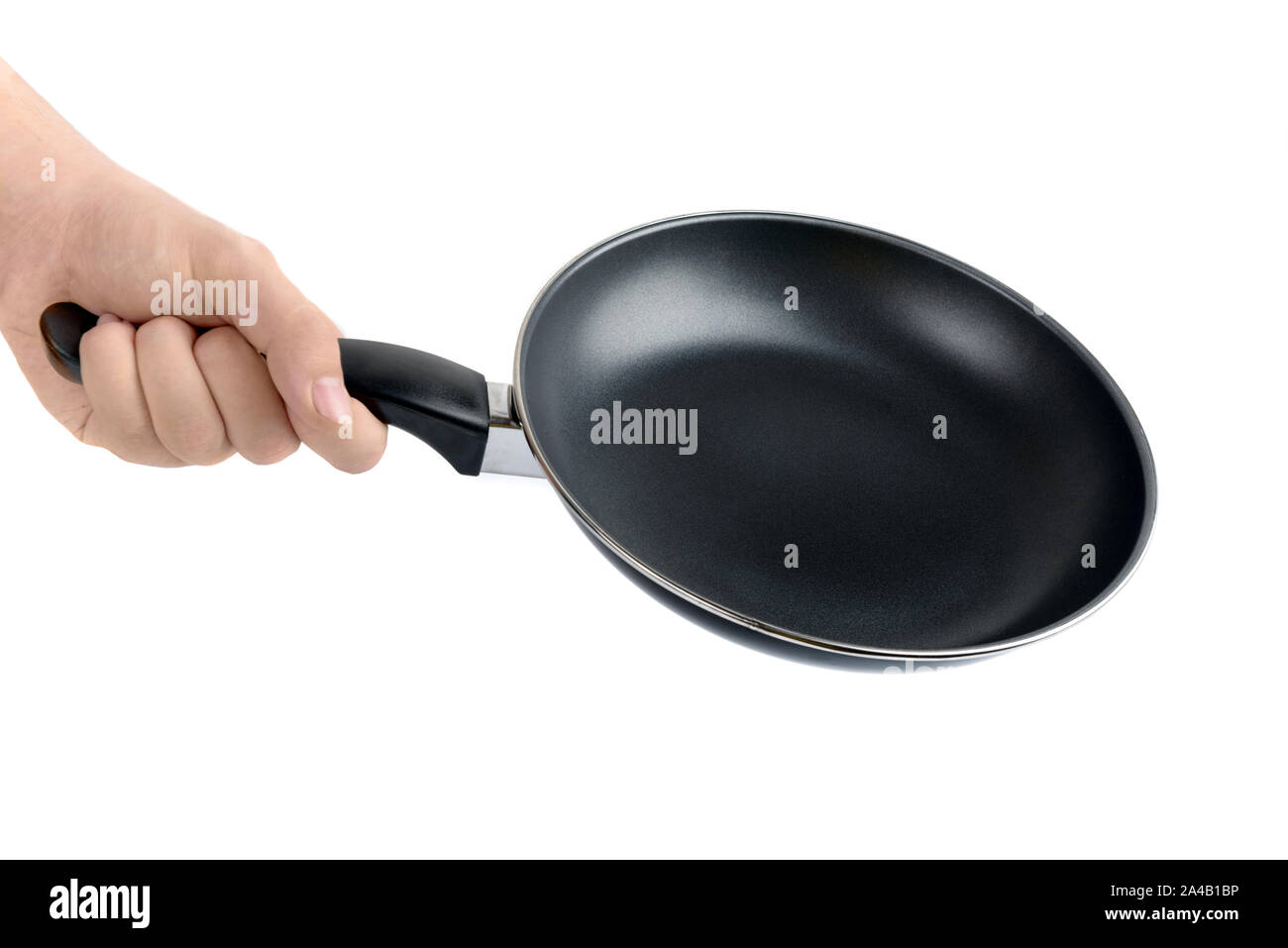 Male hand holding frying pan isolated on white background Stock Photo ...