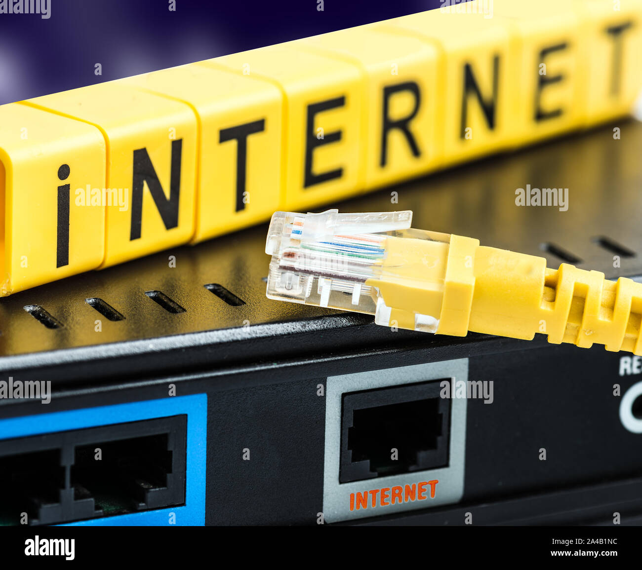 Internet concept image - closeup of router with cable and ports Stock ...
