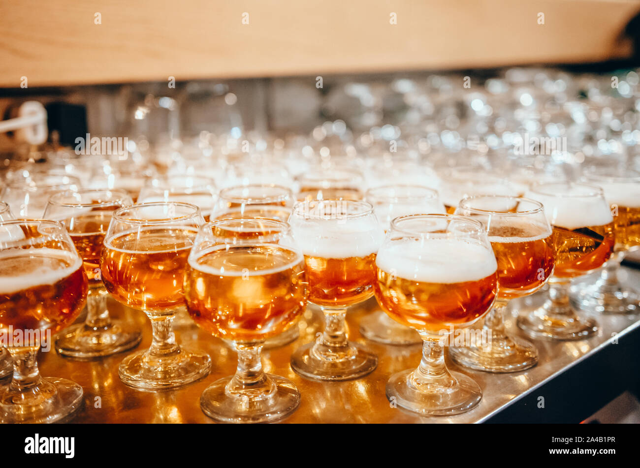 Glasses of light beer on bar counter. Degustation set at the festival ...