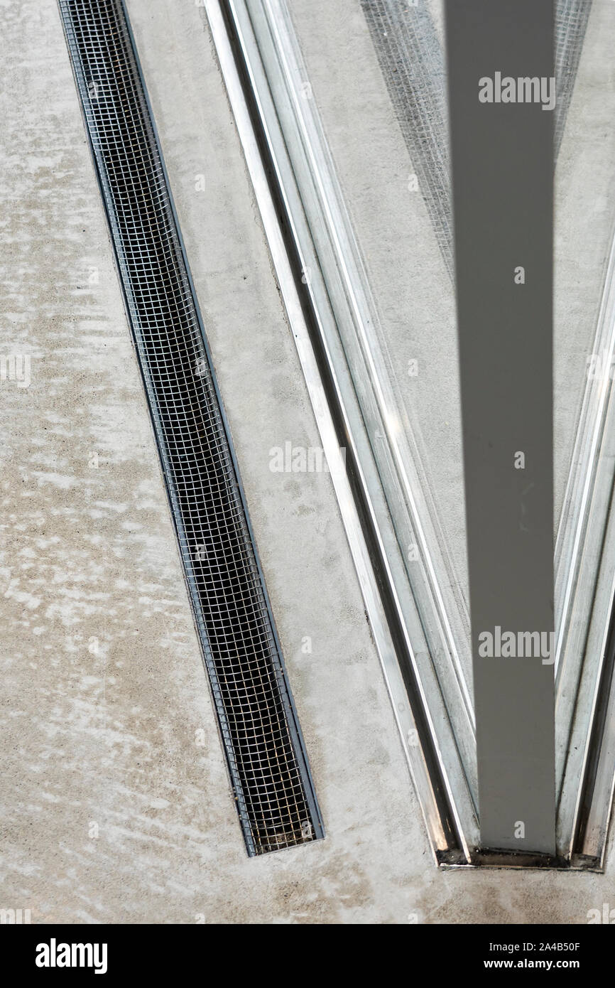 Inserted Radiator in the Polished Concrete Floor. Glass Curtain Wall ...