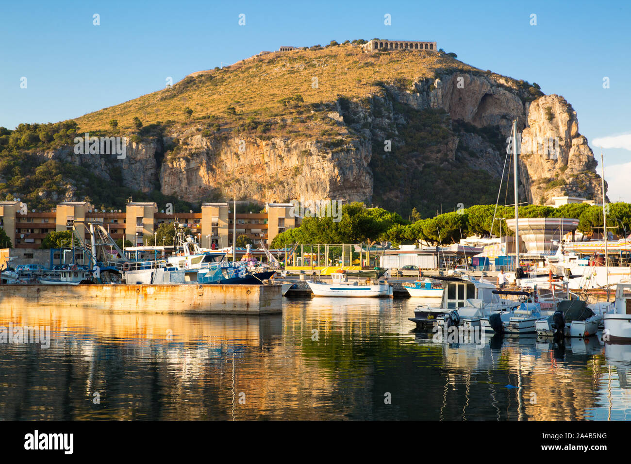 Terracina, port, Platform of sanctuary of Jupiter Anxur. A lot of boats ...