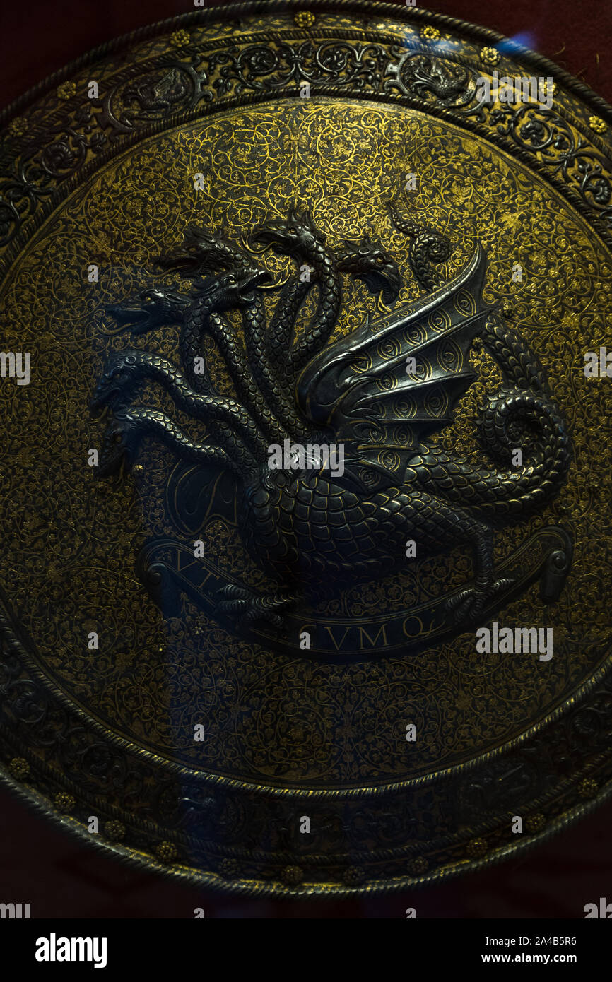 Medieval shield exhibit of Hermitage Museum closeup engraving dragons ...