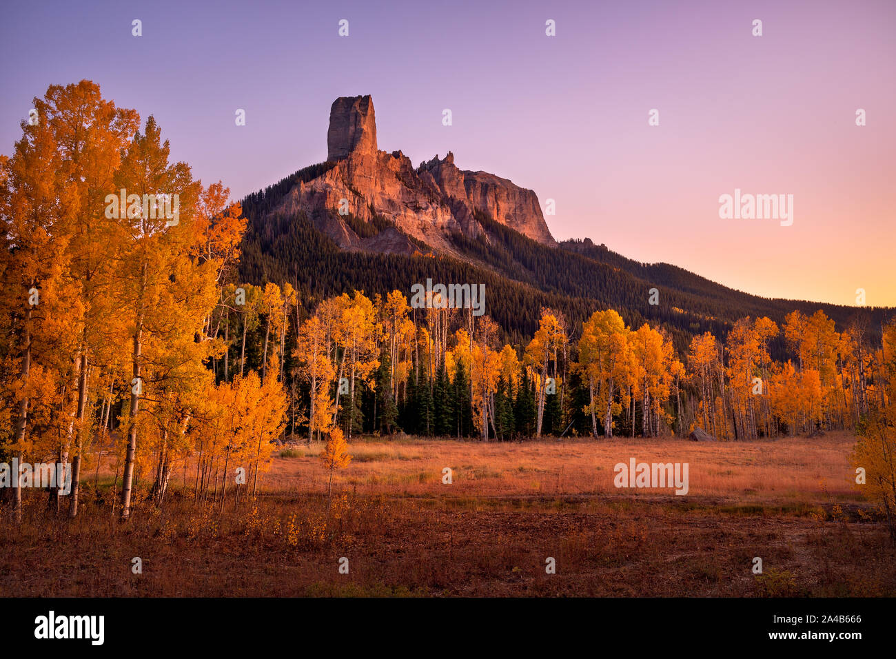 Aspen trees with bright yellow fall color beneath Chimney Rock in Owl ...
