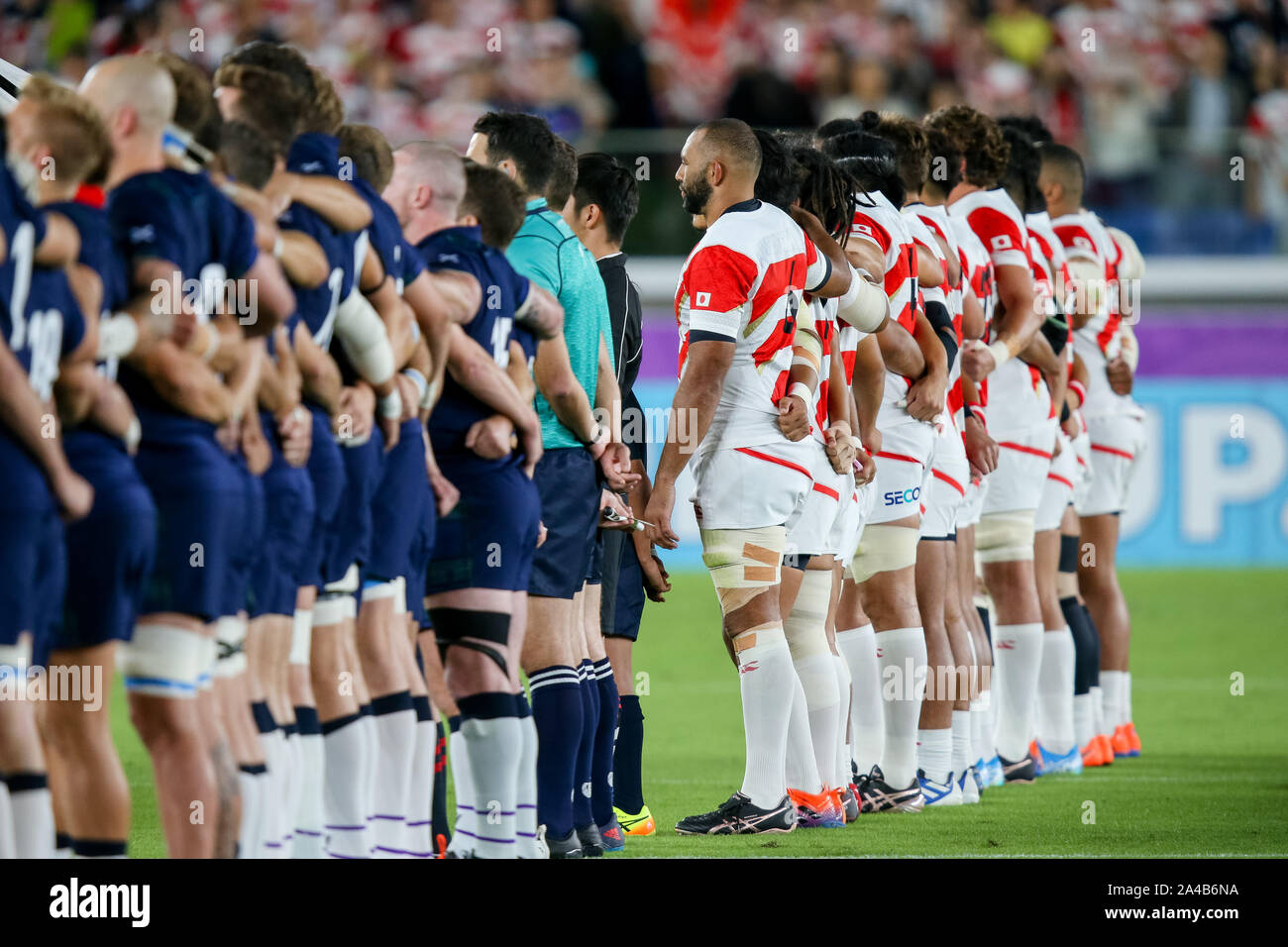 Japan and Scotland team line up for the national anthem during the 2019 ...
