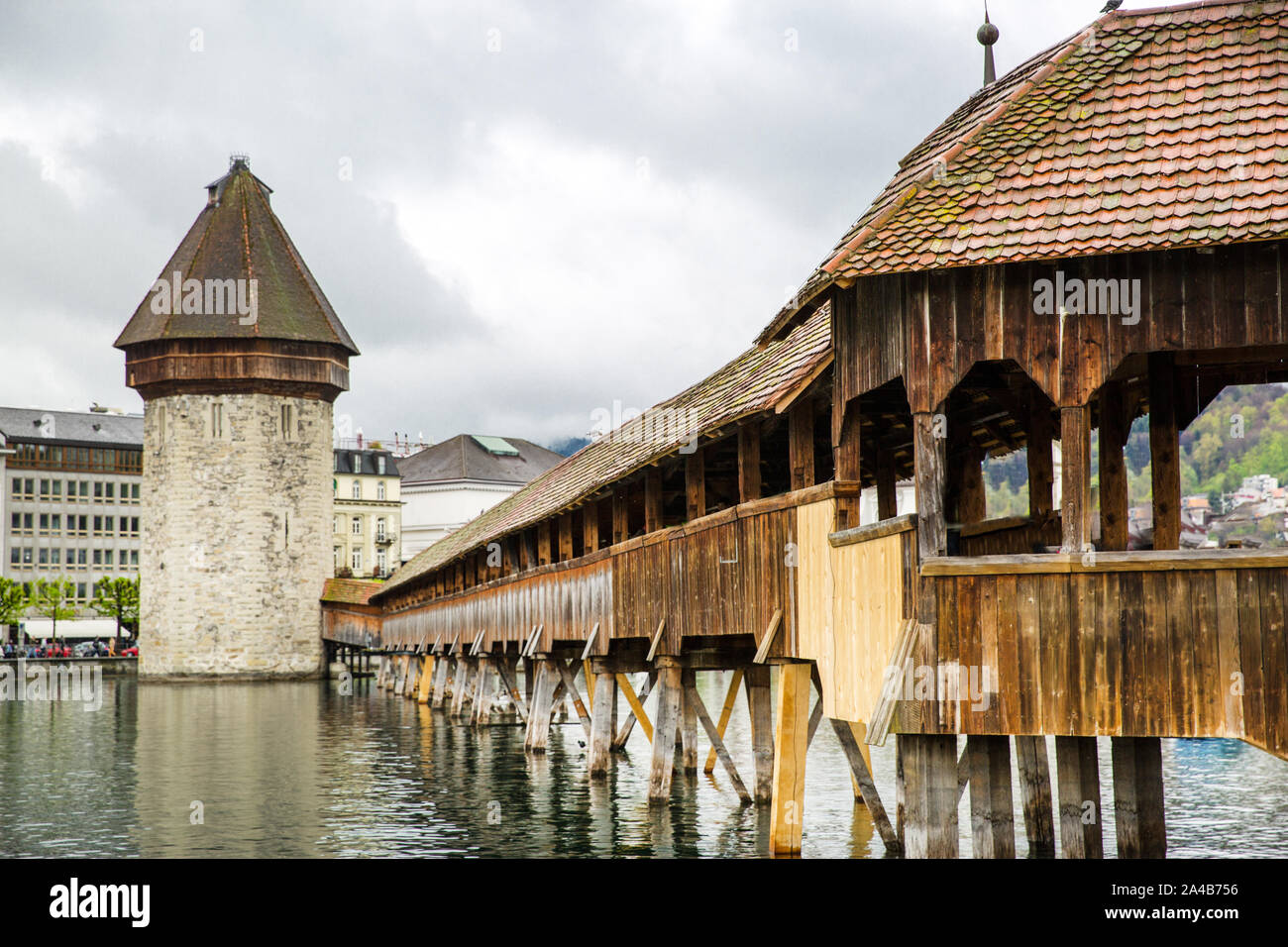 Lucerne bridge and Lake Lucerne. Famous Chapel Bridge in Lucerne ...