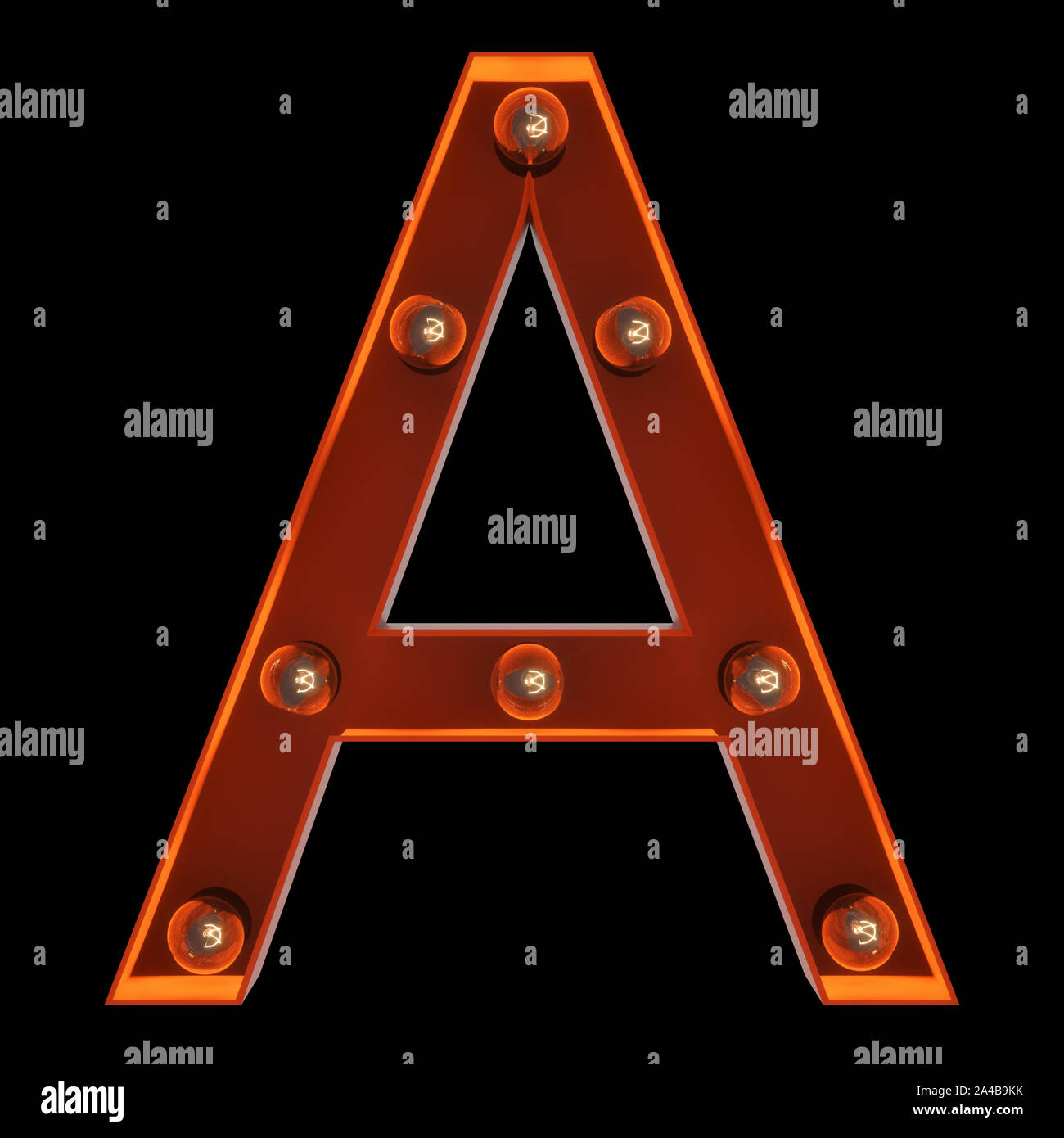 Letter A for sign with light bulbs. Front view illuminated capital ...