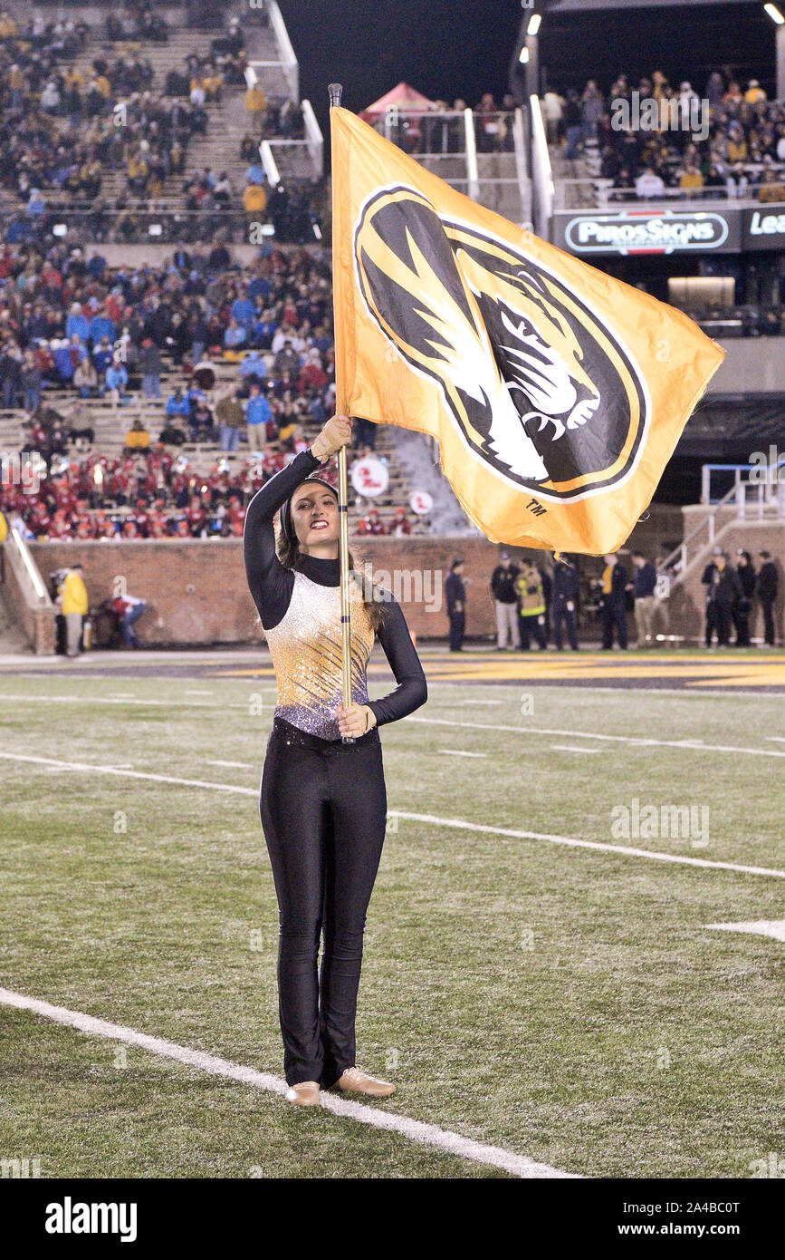 Oct 12, 2019: A member of the Marching Mizzou Flag Team performs during ...