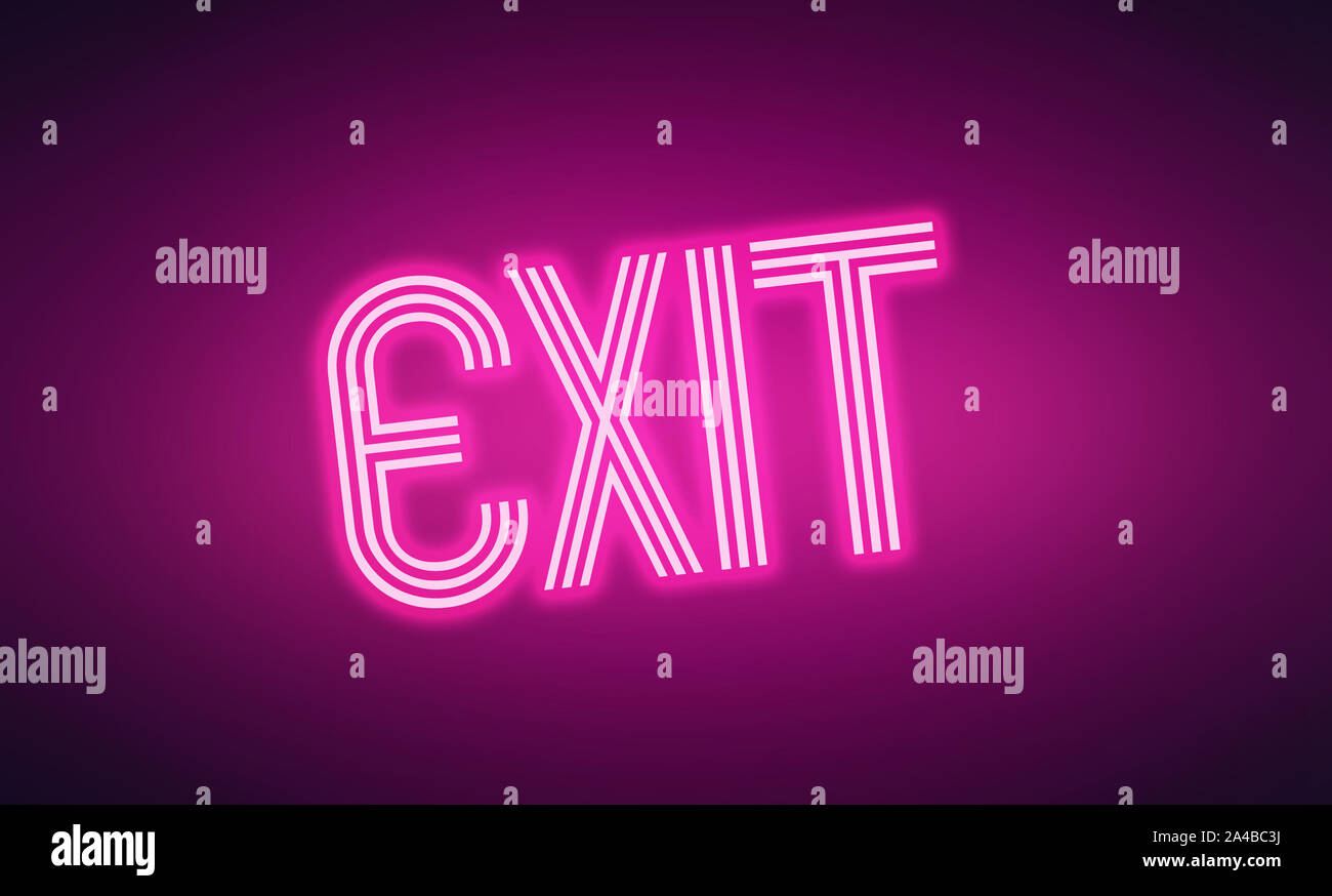 Glowing neon pink letters exit sign on dark purple background Stock ...