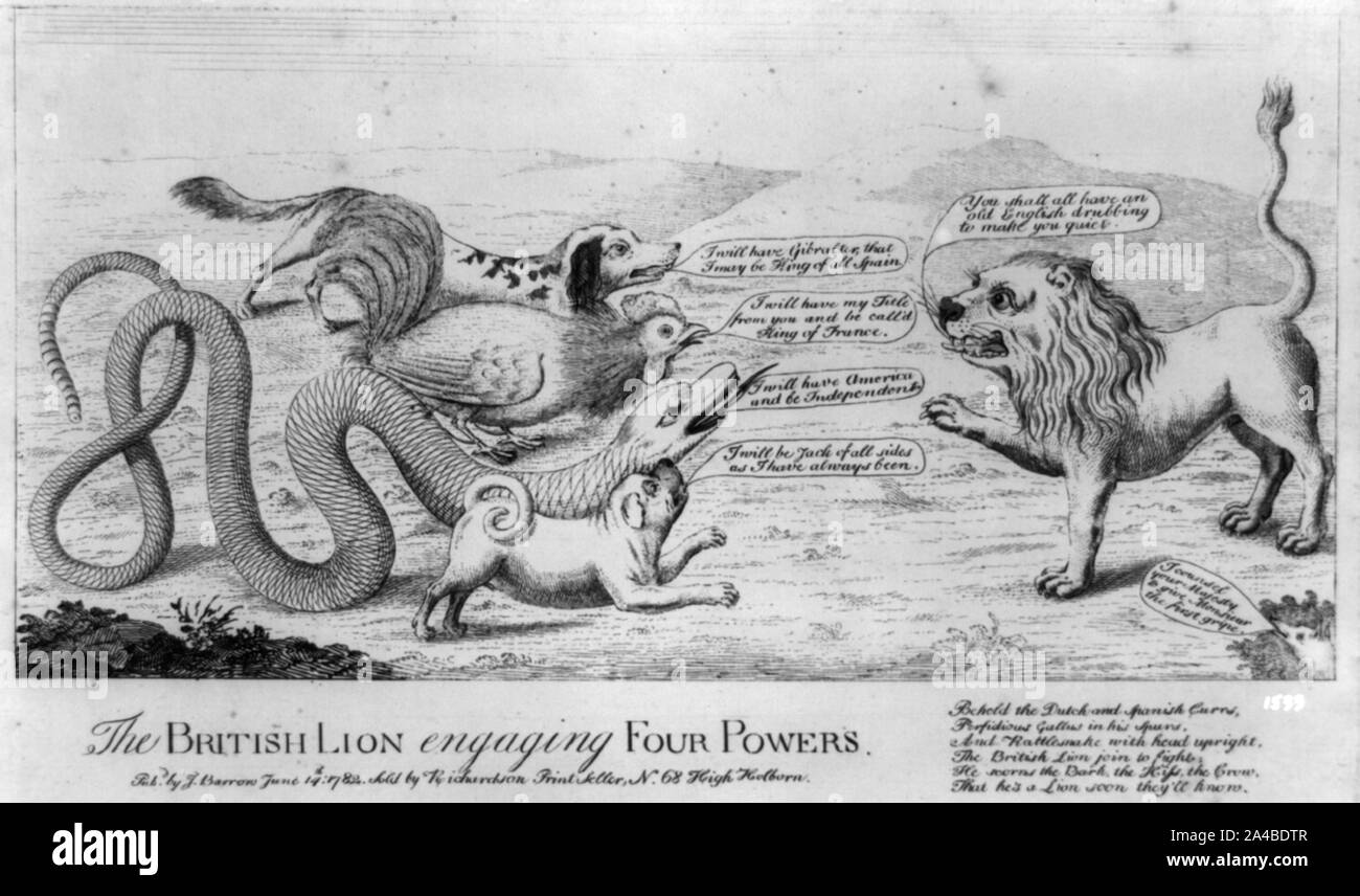 The British lion engaging four powers Stock Photo - Alamy