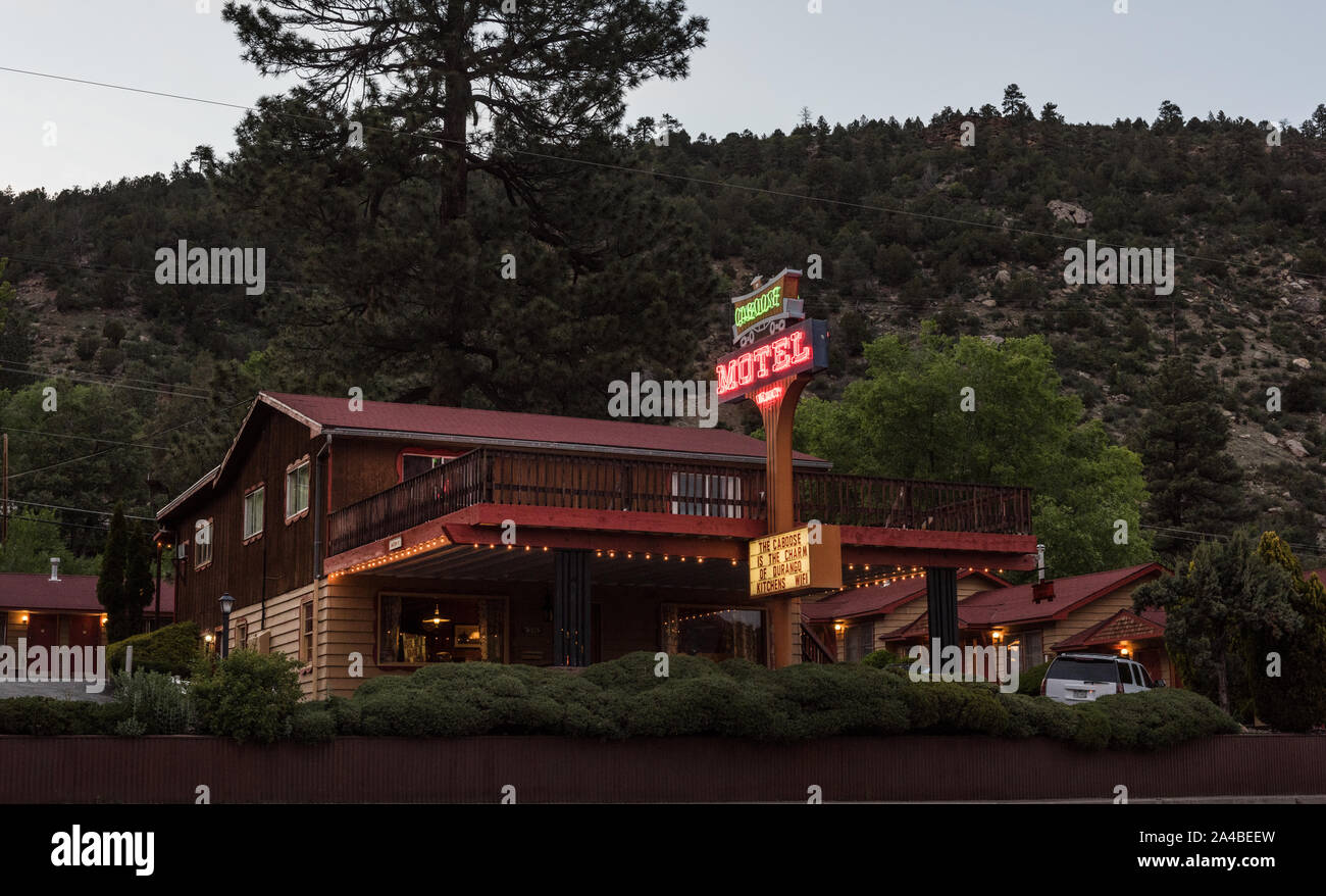 The Caboose Motel and its neon sign in Durango, Colorado Stock Photo ...