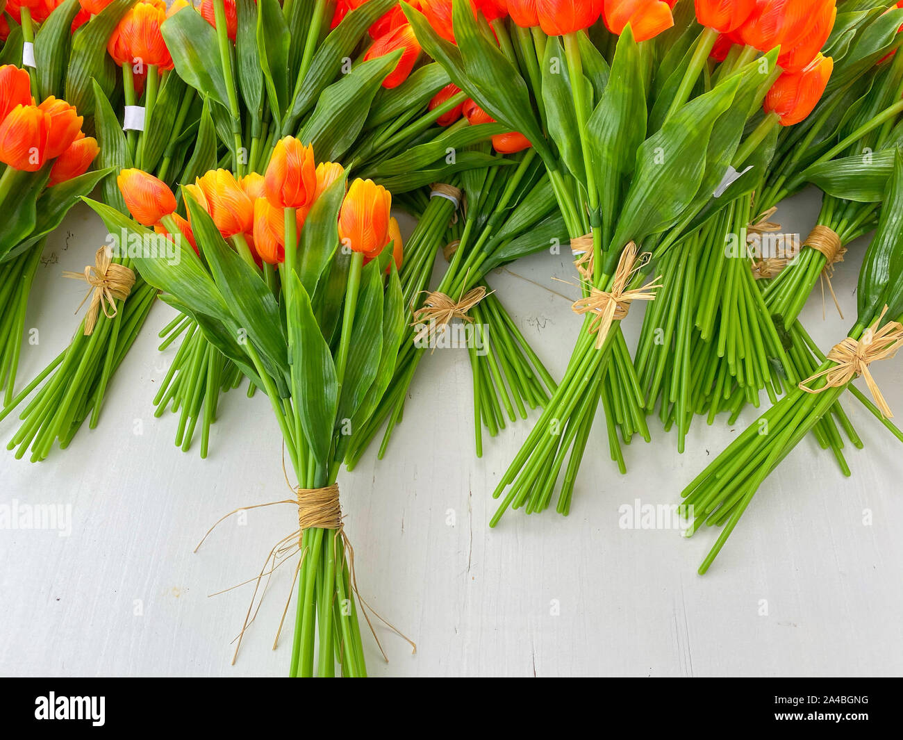 Wooden tulips in the shop in Volendam. Volendam is a town in North ...