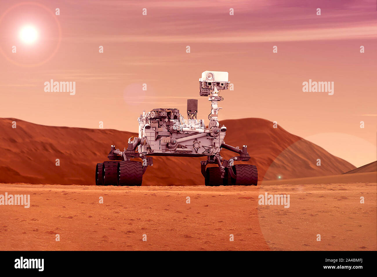 The rover explores the plains of the planet. With the sun on the ...