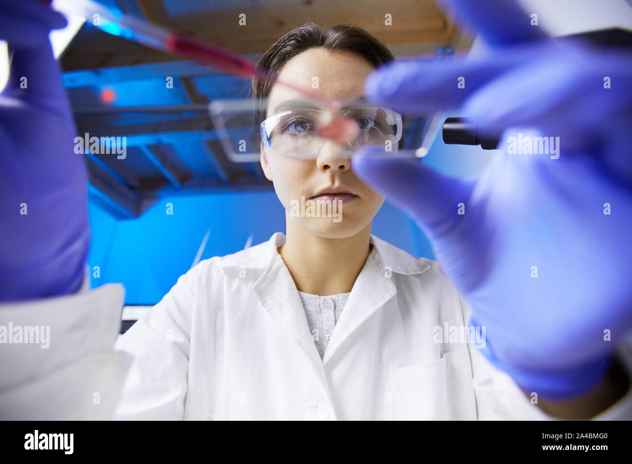 Low angle view at young female scientist preparing test sample using ...