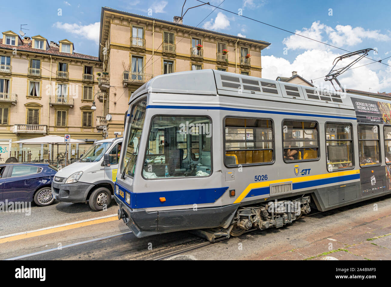 A Turin tram makes it's way along along Piazza Gran Madre di Dio ,Turin ...