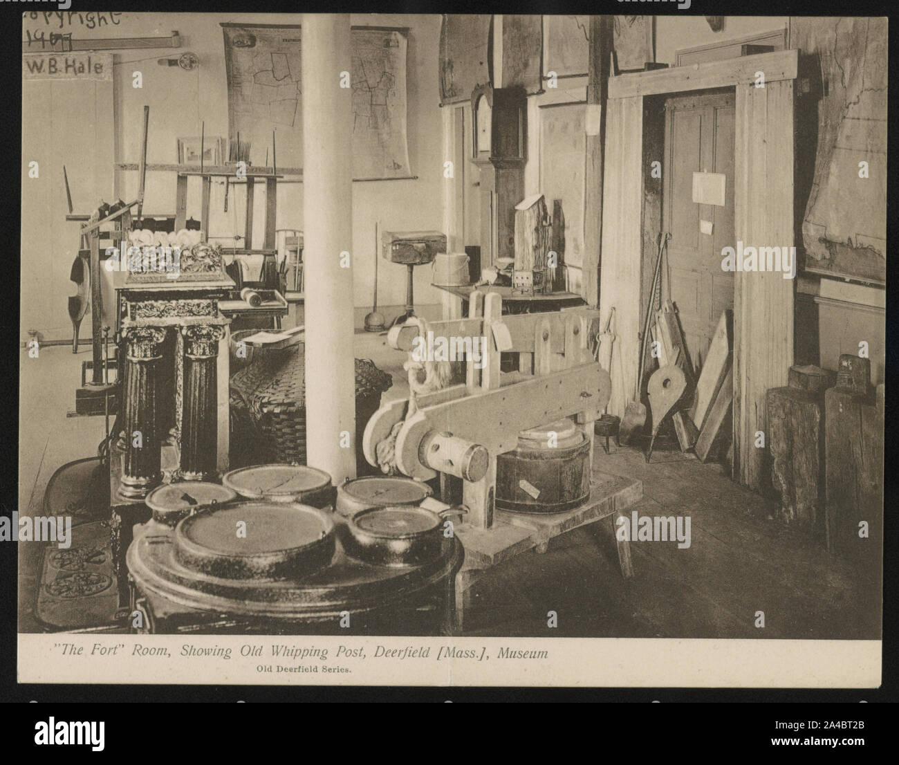 The Fort Room, showing old whipping post, Deerfield, Mass., museum ...