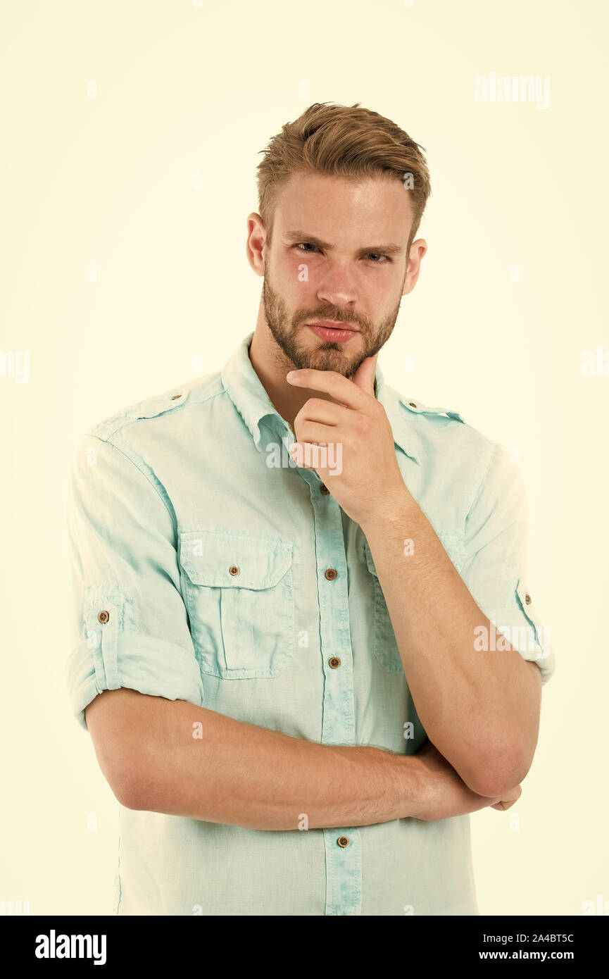 Close to solution. Man with bristle serious face thinking white ...