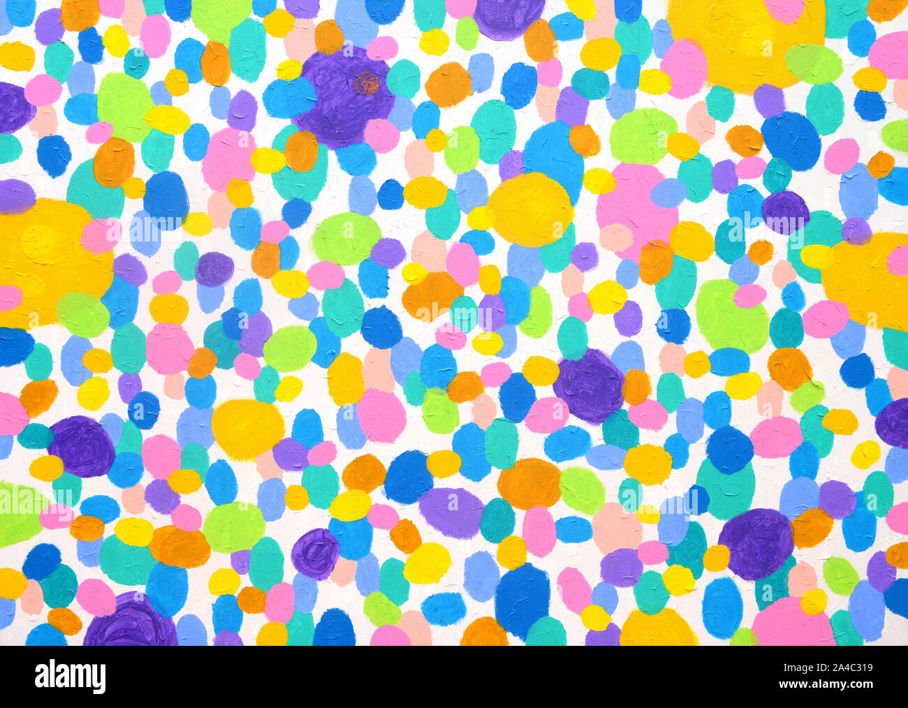 Colorful acrylic painting of point and circle different colors on white ...