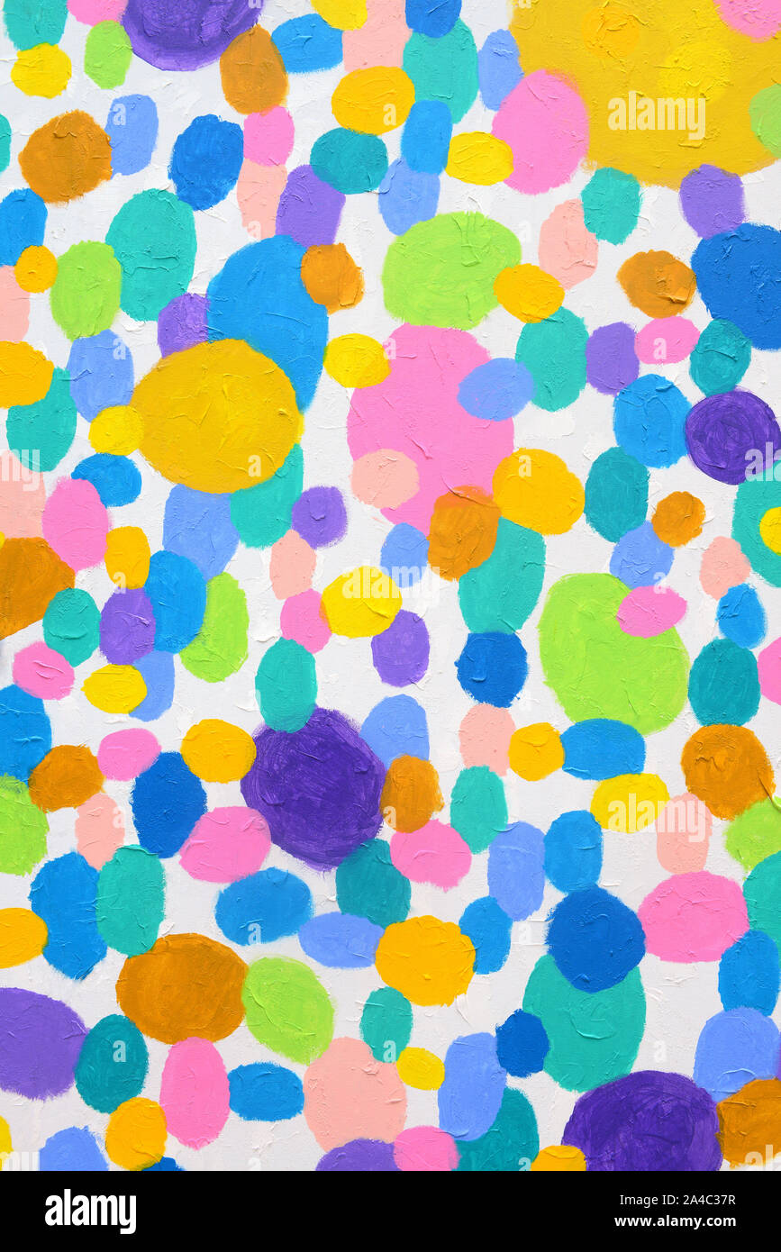 Colorful acrylic painting of point and circle different colors on white ...