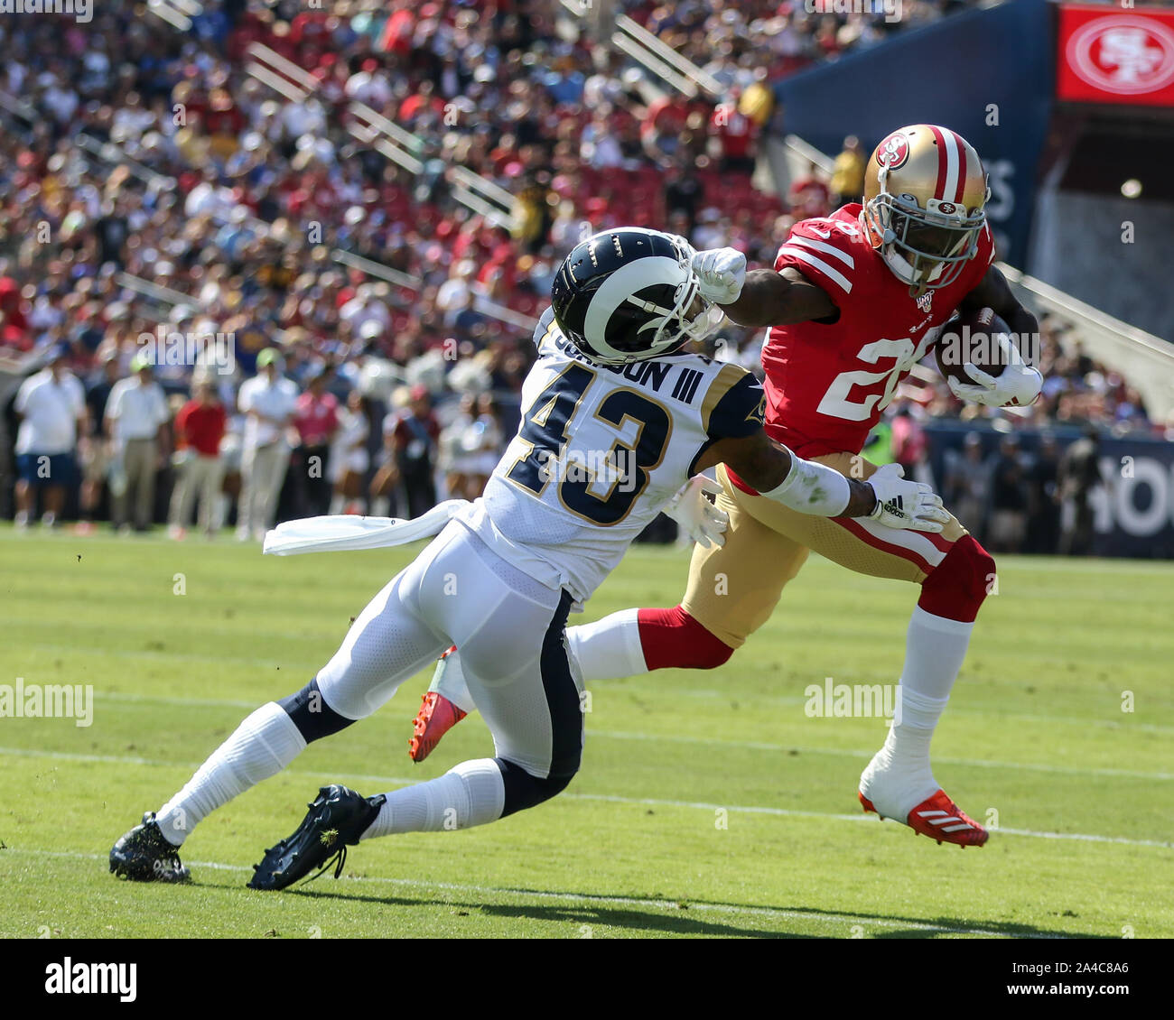 Los Angeles, CA. 13th Oct, 2019. San Francisco 49ers running back Tevin ...