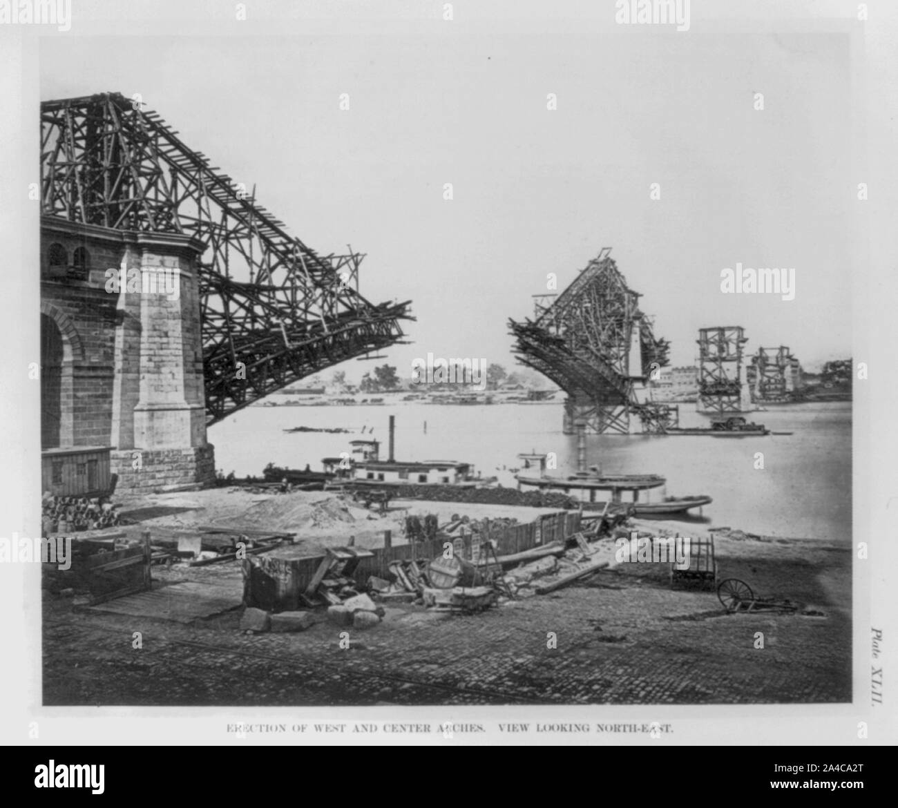 The St. Louis Bridge: Erection of west and center arches. View looking ...