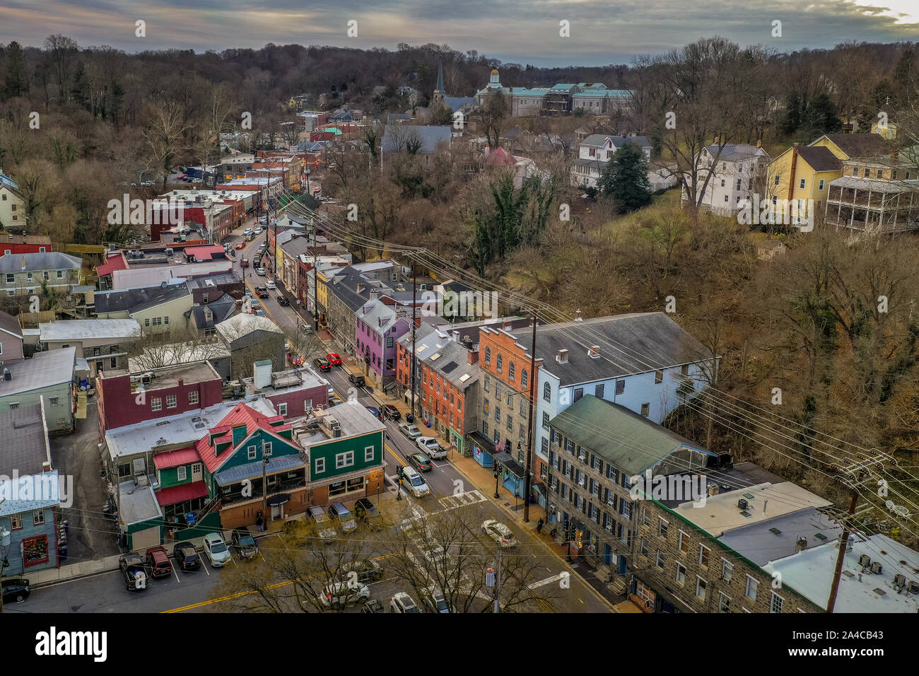 Sunset aerial panorama of Historic Old Ellicott City Maryland, USA ...