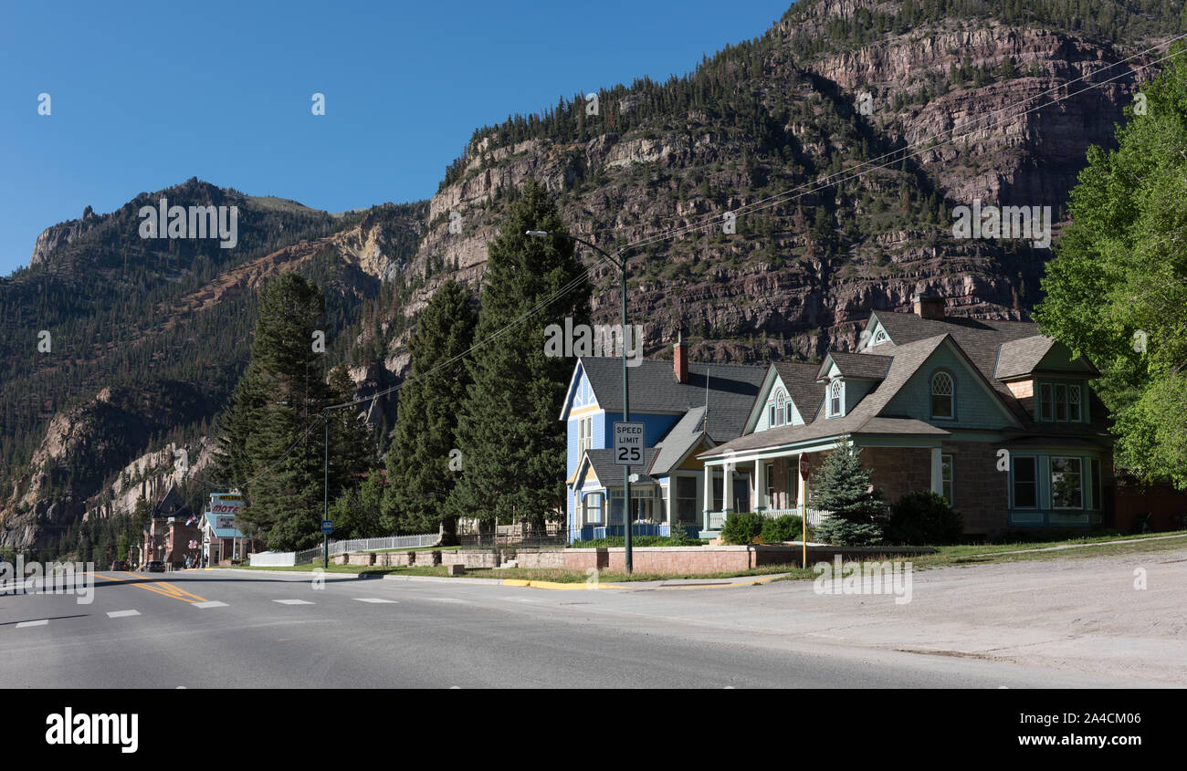 The end of Main Street in Ouray, Colorado, an old mining community high ...