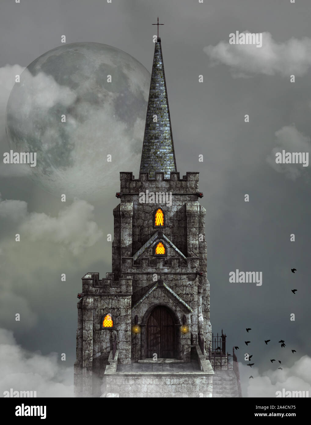 Gothic church bell tower surrounded by clouds Stock Photo - Alamy