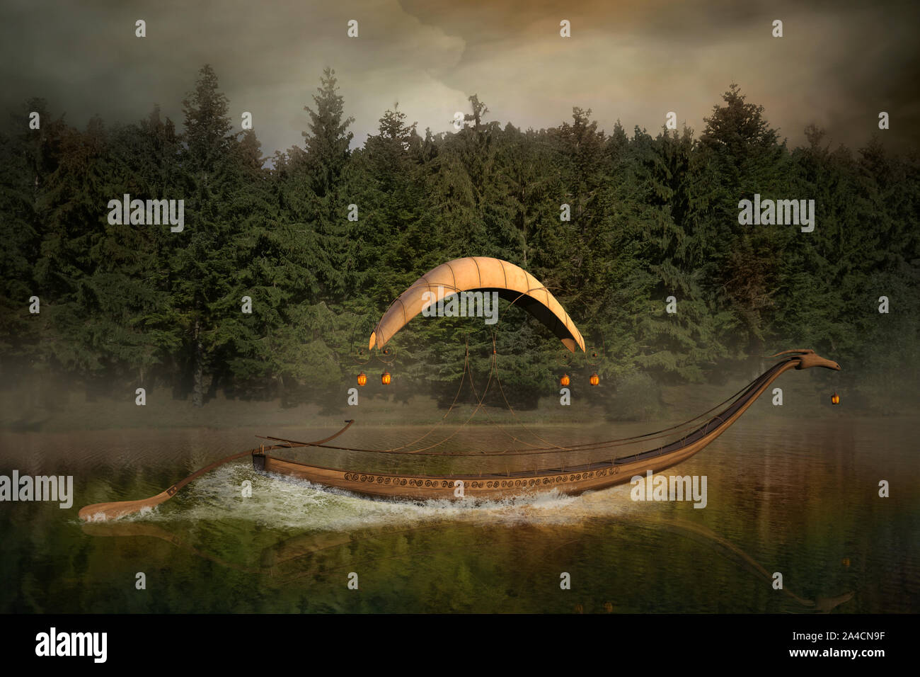 Elf boat journey in the enchanted misty lake Stock Photo - Alamy
