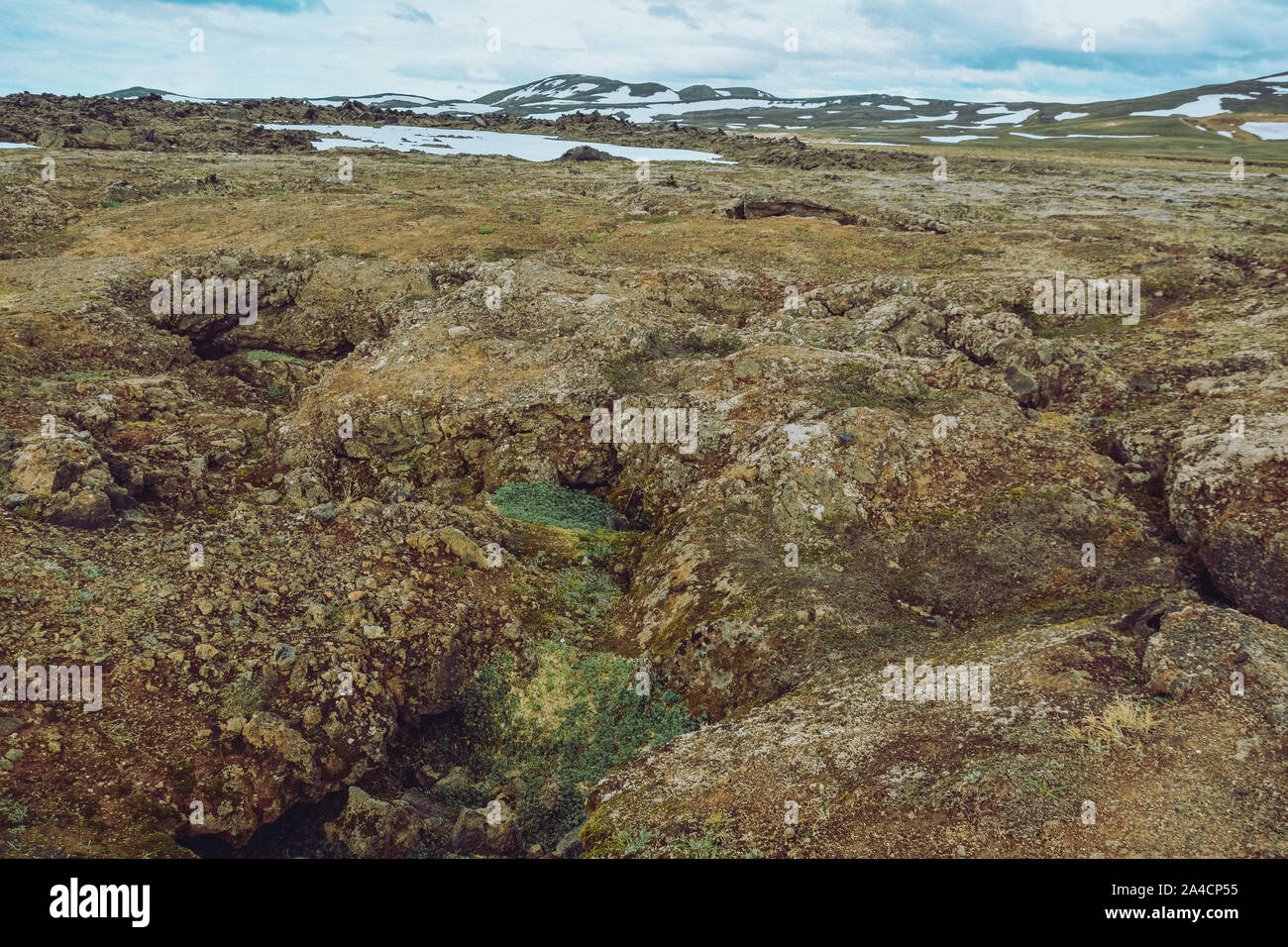 Leirhnjukur old magma field and snow, overcast day in summer , film ...