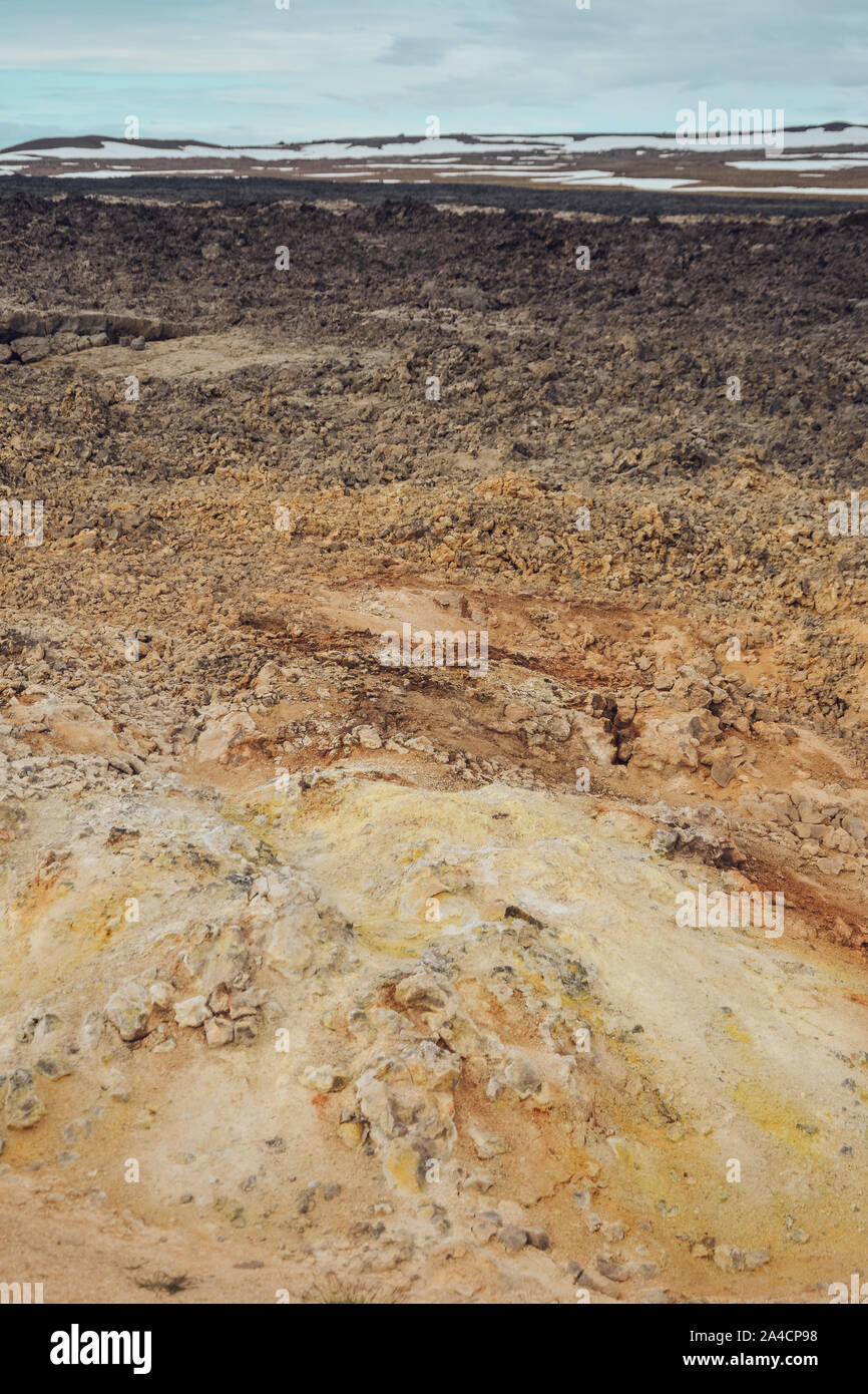 Leirhnjukur old magma field and snow, overcast day in summer , film ...