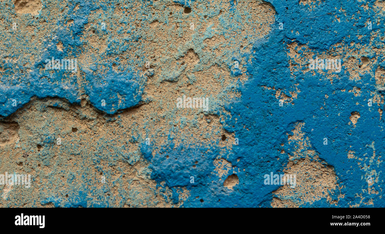 A panorama of rough plastered wall with blue paint spots Stock Photo ...