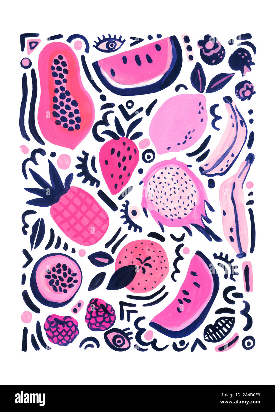 Tropical fruits poster. Unusual background with watermelon, banana ...