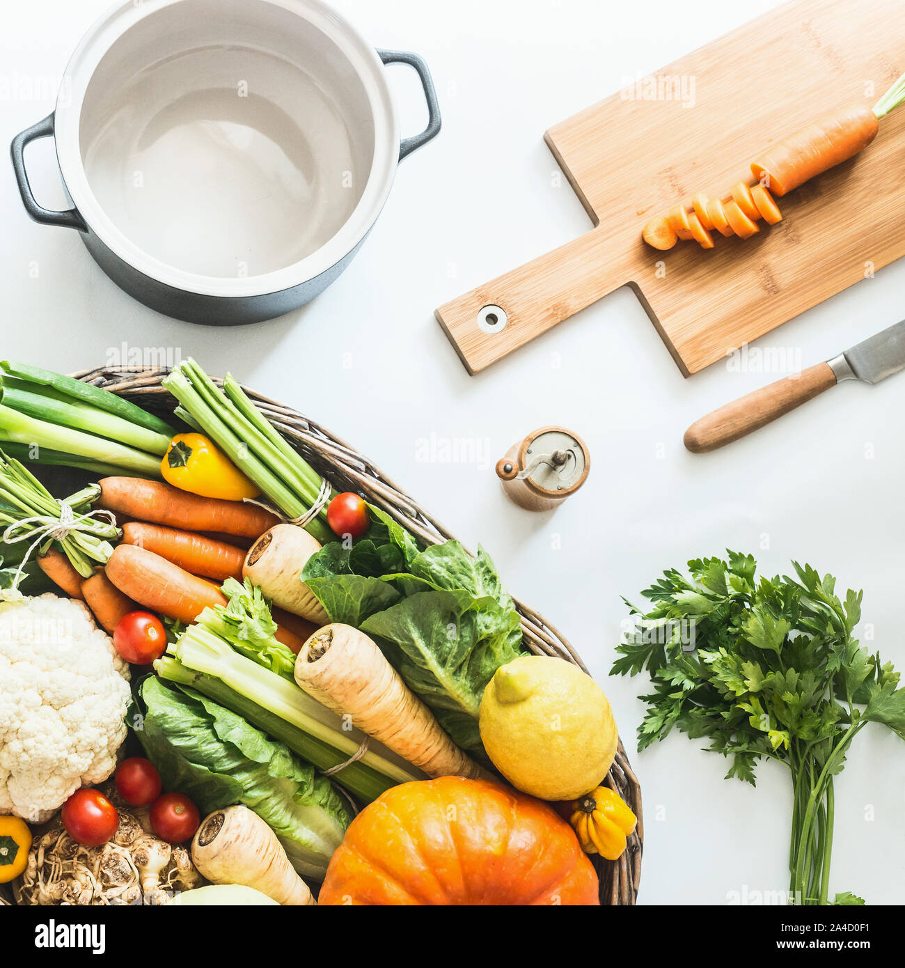 Empty cooking pot and fresh organic vegetables for tasty cooking in ...