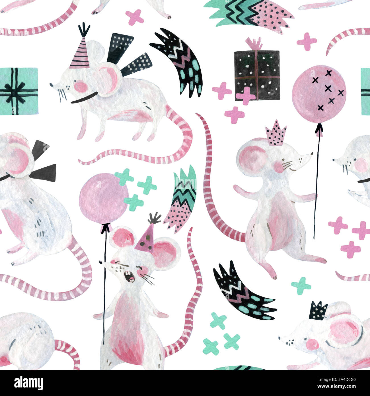 Happy cartoon mice celebrating a holiday or birthday drawn in trendy ...