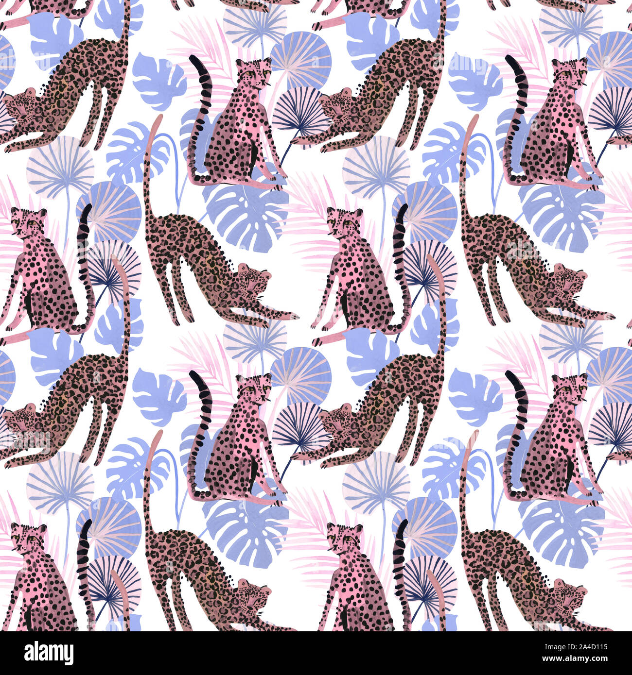 Modern trendy seamless pattern with cute watercolor leopards and ...