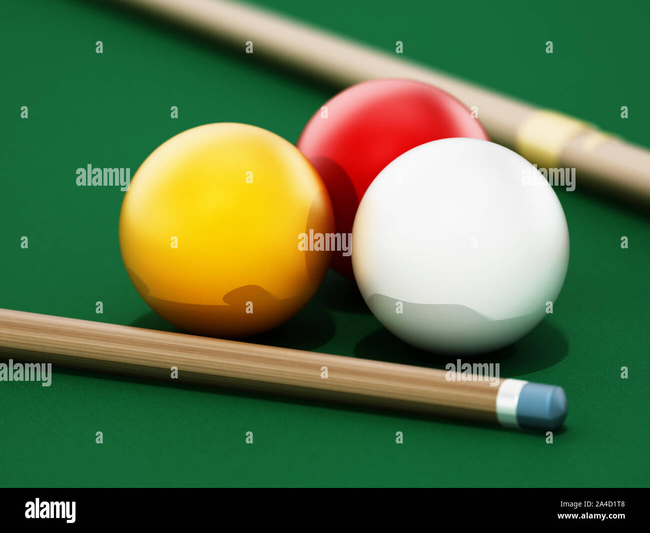 3 cushion billiards table and balls with pool cue. 3D illustration ...