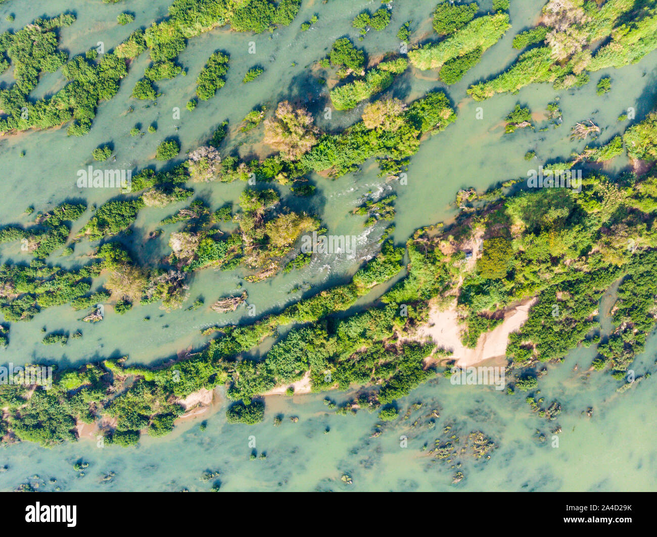 Aerial top down view of 4000 islands Mekong River in Laos, Li Phi ...