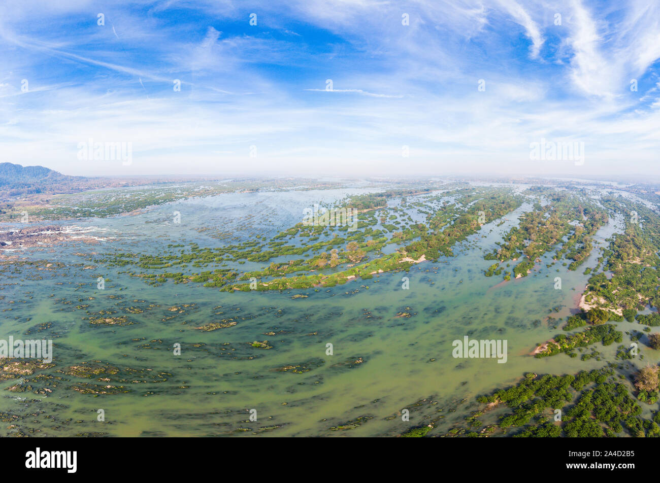 Aerial panoramic 4000 islands Mekong River in Laos, Li Phi waterfalls ...
