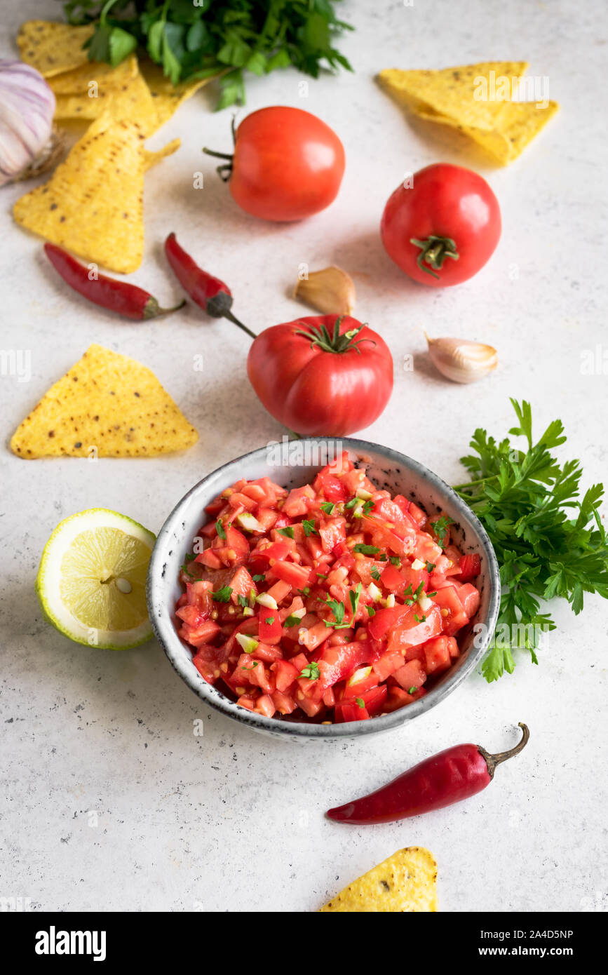 Hot mexican salsa sauce and ingredients on white background, top view ...