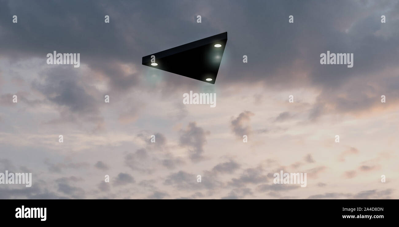 Triangular shaped ufo flying in the sky 3d illustration Stock Photo - Alamy