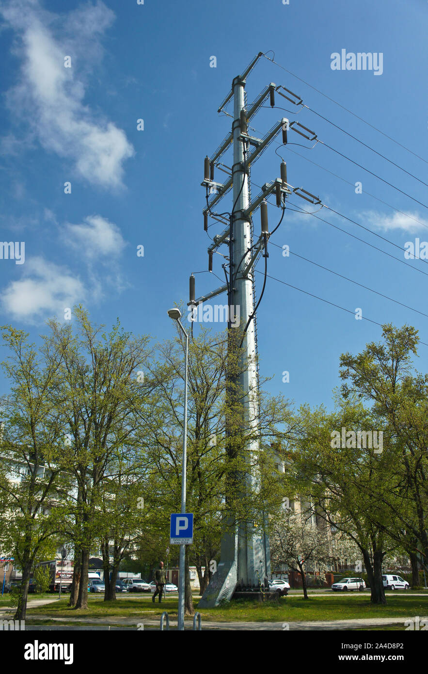 Power line support, high voltage, insulators and wires Stock Photo - Alamy