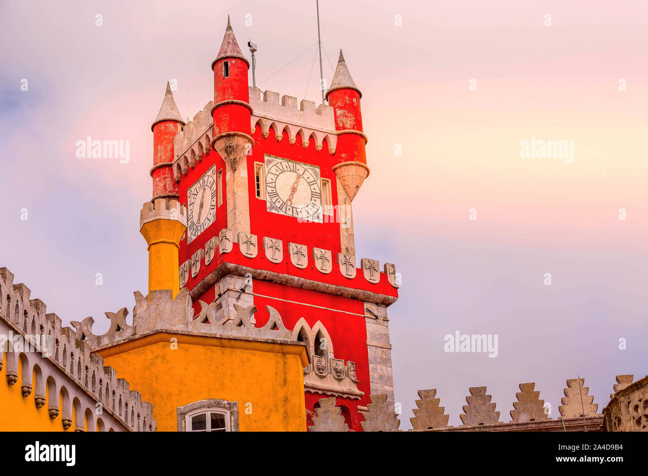 Sintra, Portugal landmark, red and yellow clock tower in Pena Palace ...