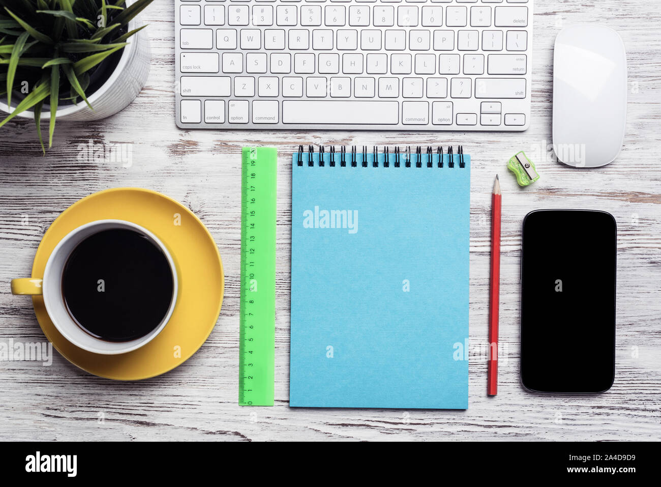 Top view conference table with office accessories Stock Photo - Alamy