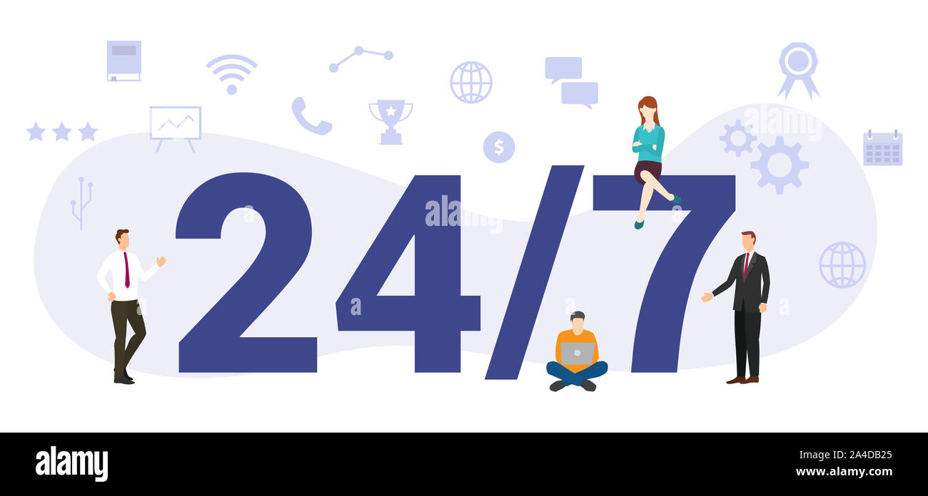 24//7 hours service concept with big word or text and team people with ...