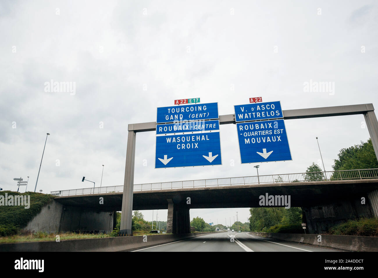 Driver POV personal perspective at the highway autoroute sign with ...